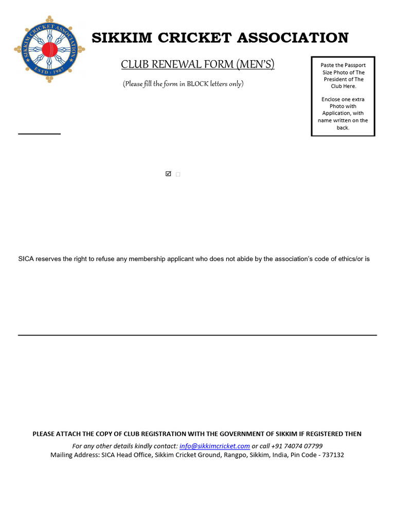 Sikkim Cricket Club Renewal Form | PDF