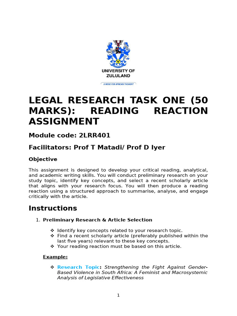 Legal Research Assignment One Reading Reaction 2025 | PDF | Concept ...