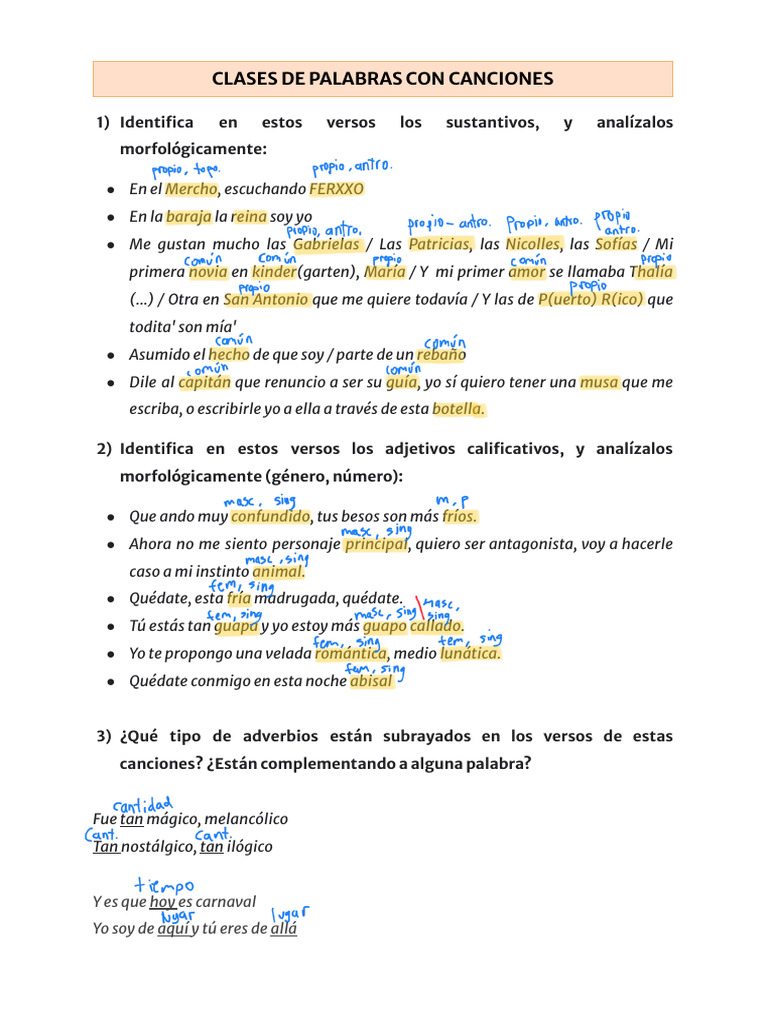 Actividad 5: Clases de Palabras Con Canciones | PDF | Lingüística | Sintaxis