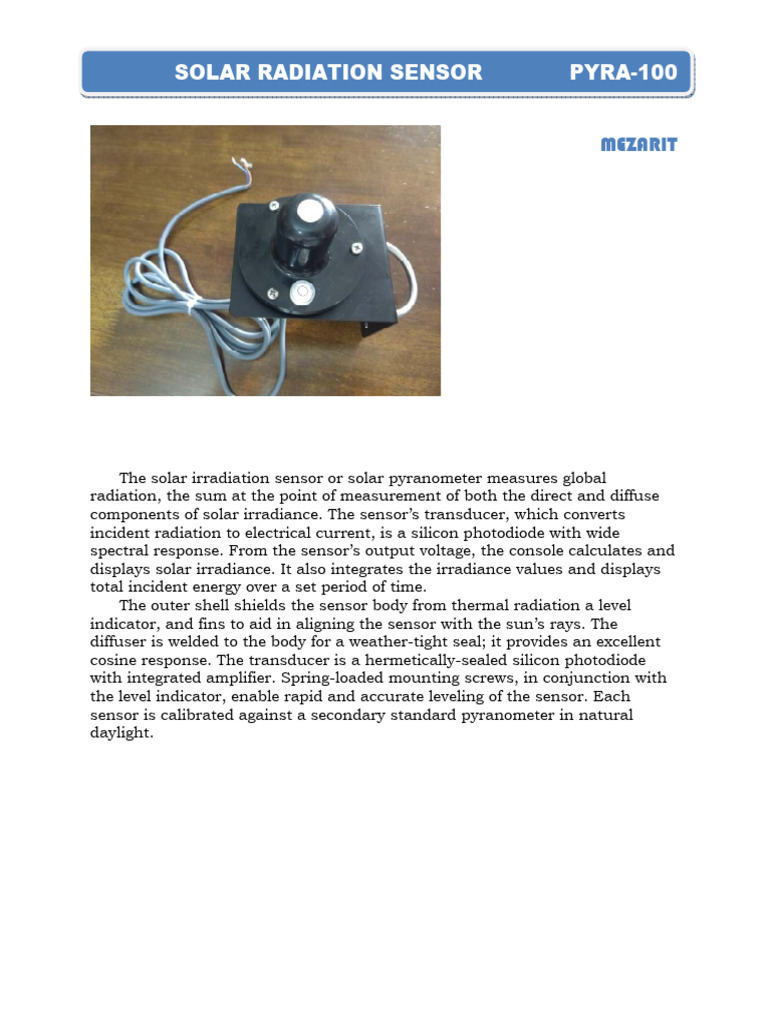 Solar Radiation Sensor PYRA 100 | PDF | Physical Quantities | Electricity