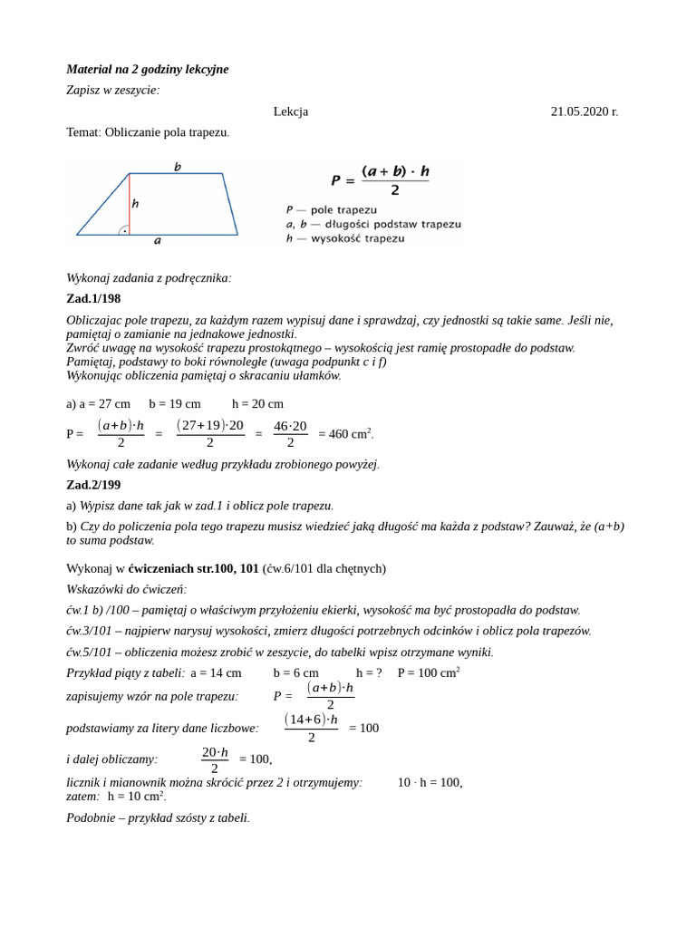 kl.5 Matematyka - Pole Trapezu | PDF