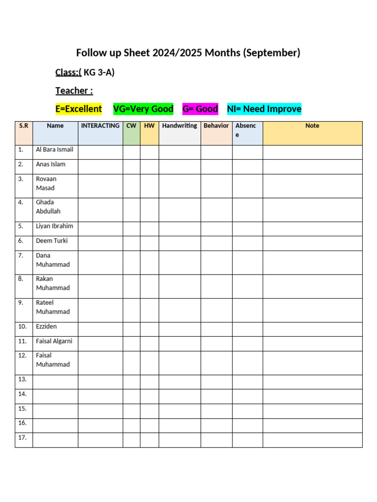 KG 3-A Follow-Up Sheets 2024/2025 | PDF