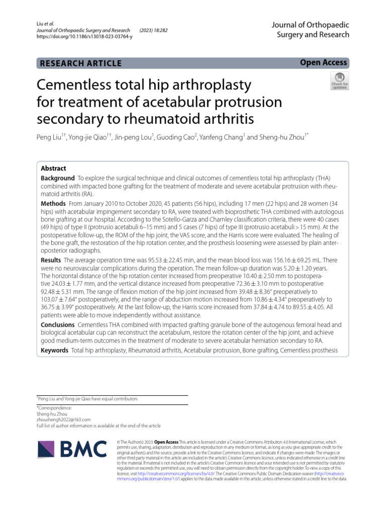 Cementless Total Hip Arthroplasty For Treatment of | PDF | Hip | Bone