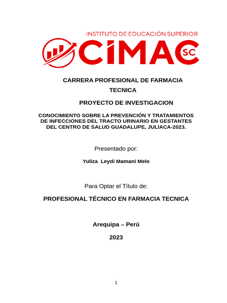 PROYECTO DE INVESTIGACION FARMACIA 2024 FMR[1] | PDF | Infección del tracto urinario ...