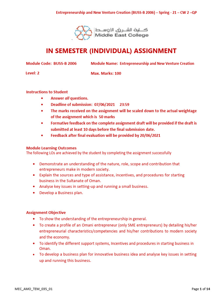 Entrepreneurship Assignment2 | PDF | Evaluation | Entrepreneurship