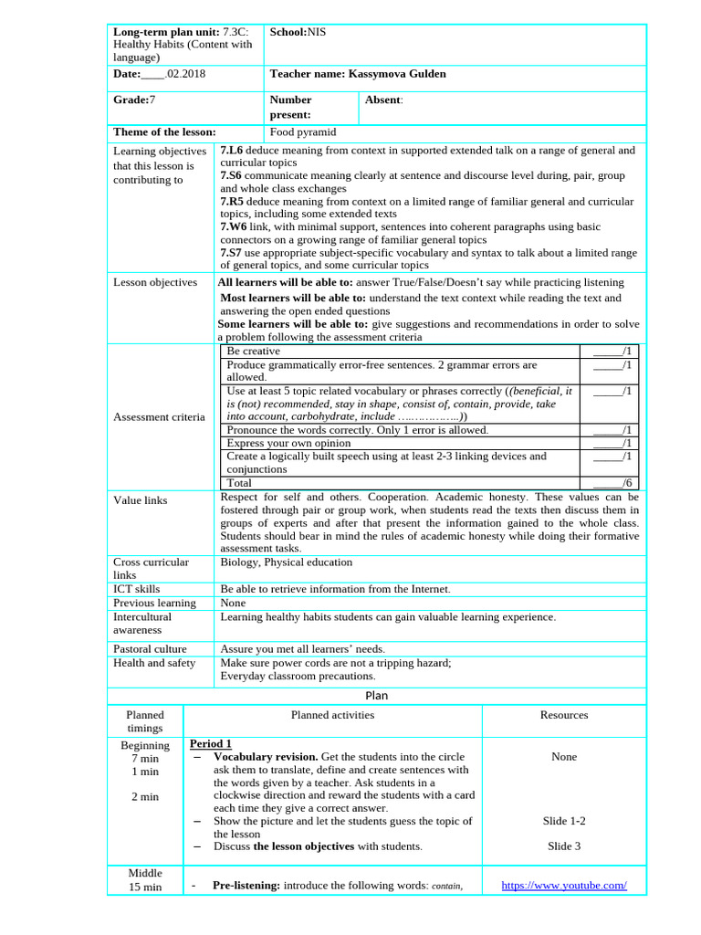English Grade 7 Food Pyramid (Case Study) Lesson Plan | PDF | Learning ...