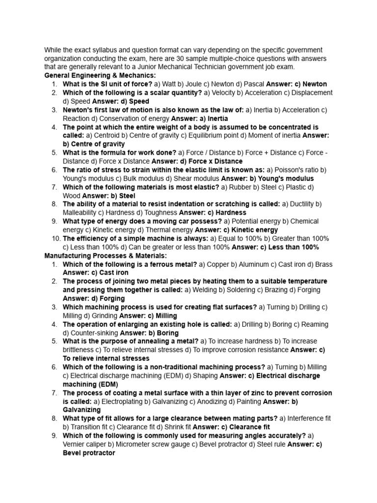 Junior Mechanical Technician Exam Guide | PDF | Force | Young's Modulus