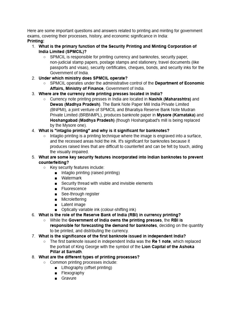 Printing and Minting Related Important Questions A... | PDF ...
