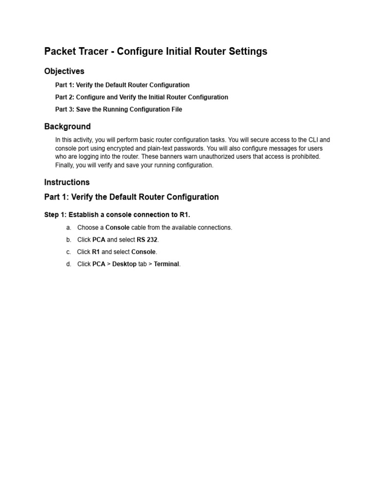 PART 1 - 10.1.4 Packet Tracer - Configure Initial Router Settings (SAMBRANO, NATHANIEL A.) | PDF ...