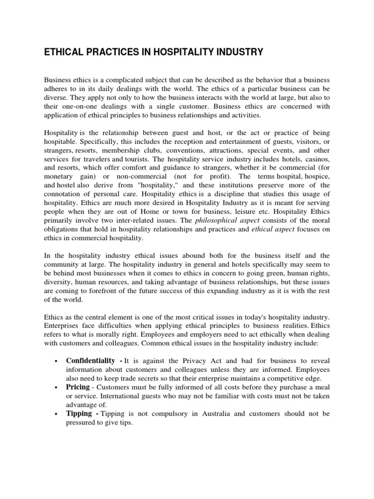 Ethical Practices in Hospitality Industry | PDF | Hotel And ...