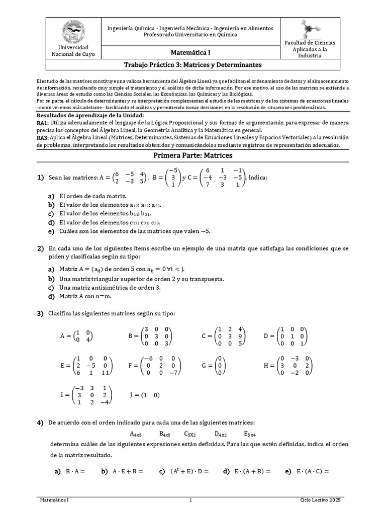 TP3a Matrices 2025 (2) | PDF | Matriz (Matemáticas) | Álgebra lineal