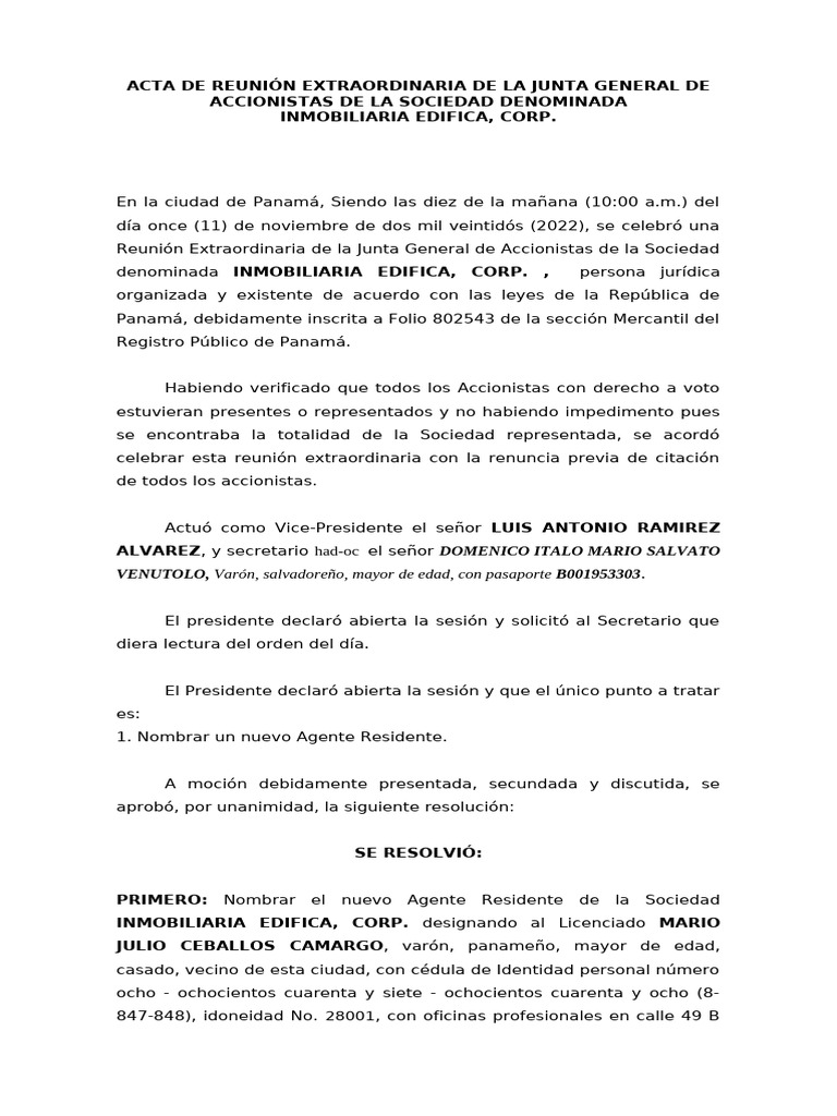 Acta - INMOBILIARIA EDIFICA, CORP. - Cambio de Agente Residente | PDF ...