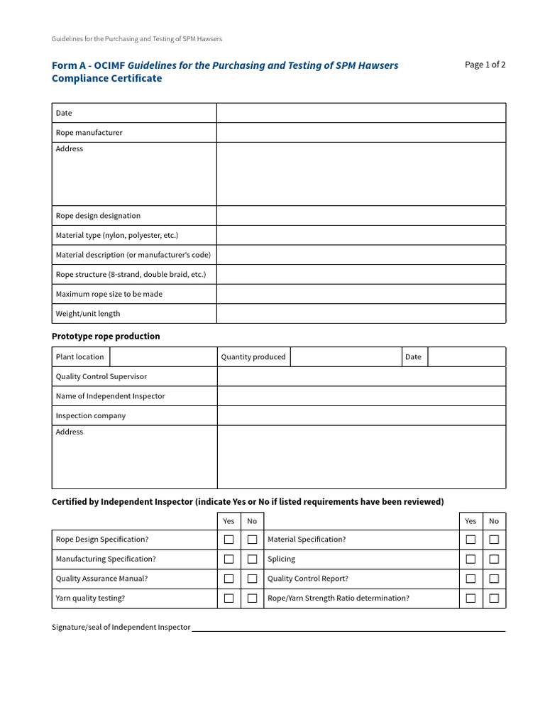 Form a-OCIMF Guidelines For The Purchasing and Testing of SPM Hawsers ...