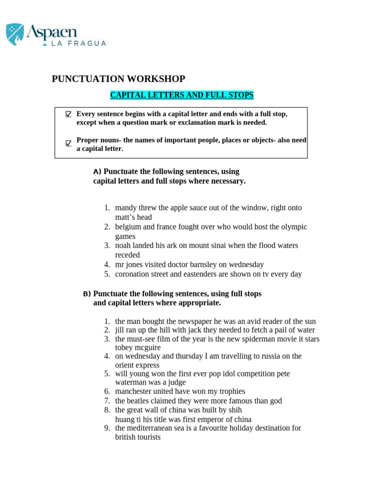 Punctuation Workshop Exercises | PDF | Comma | Orthography