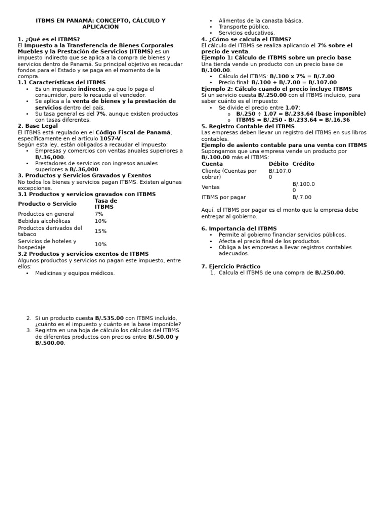 ITBMS en Panamá: Cálculo y Aplicación | PDF | Impuestos | Contabilidad