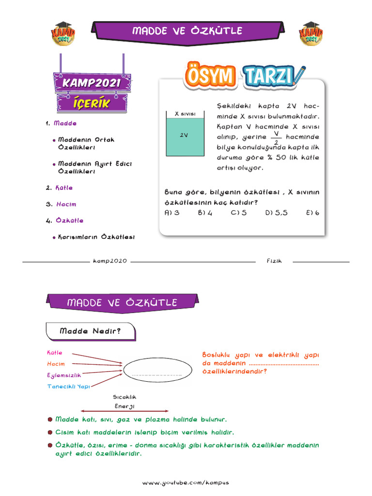 Yks Tyt Ayt Fizik Madde Ve Ozkutle Ders Notlari Ve Calisma Sorulari | PDF