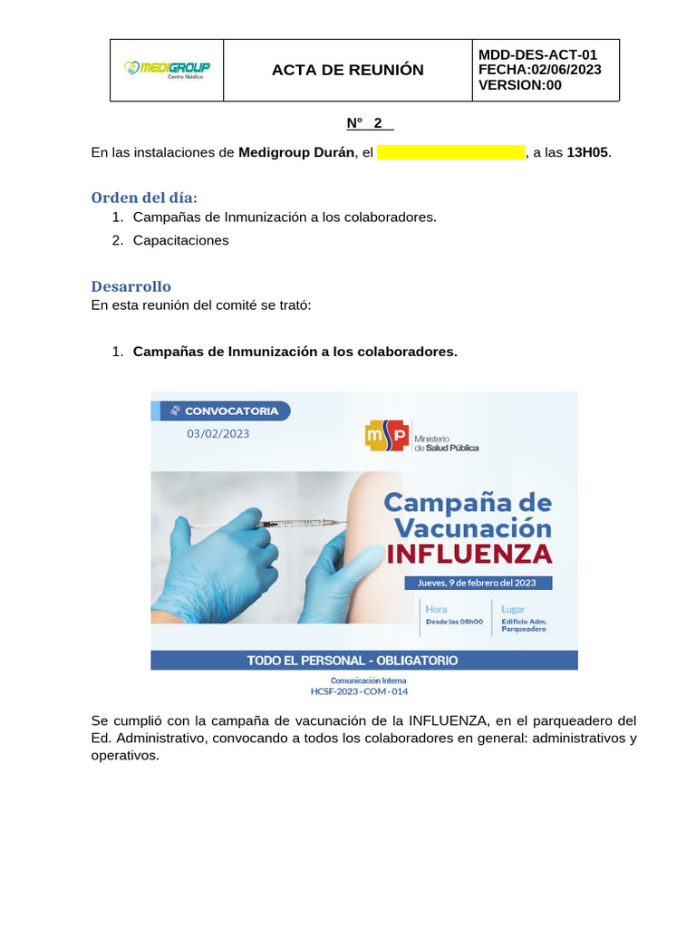 2023 Comite Desechos - Acta 2 Modelo | PDF | Vacunación | Salud pública