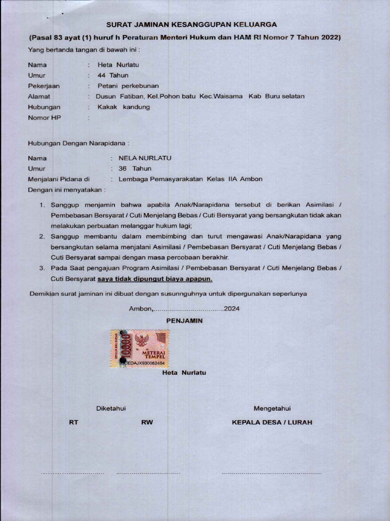Surat Jaminan Nela Nurlatu | PDF