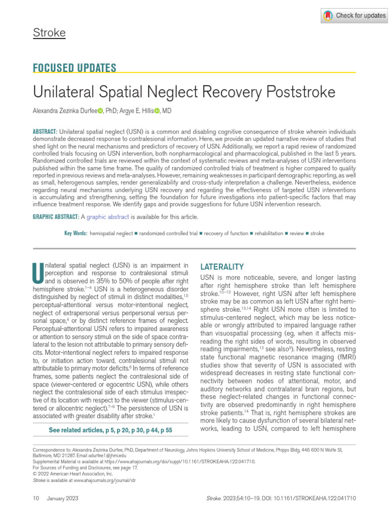 Unilateral Spatial Neglect Recovery Poststroke | PDF | Parietal Lobe ...
