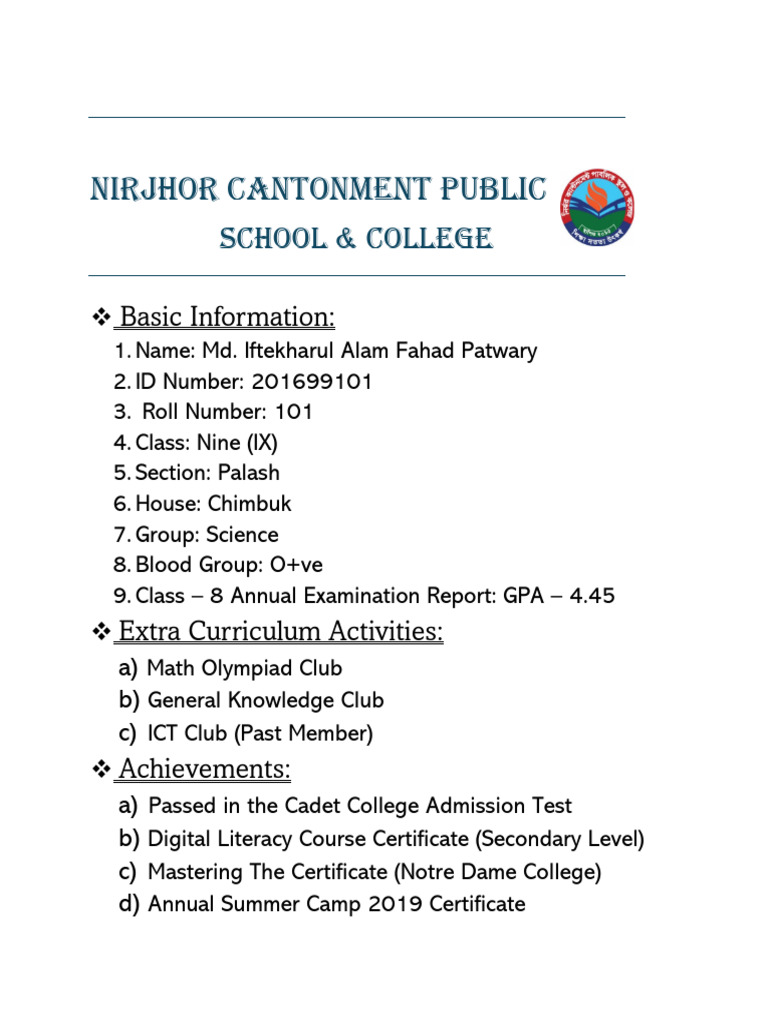 Nirjhor Cantonment Public School | PDF