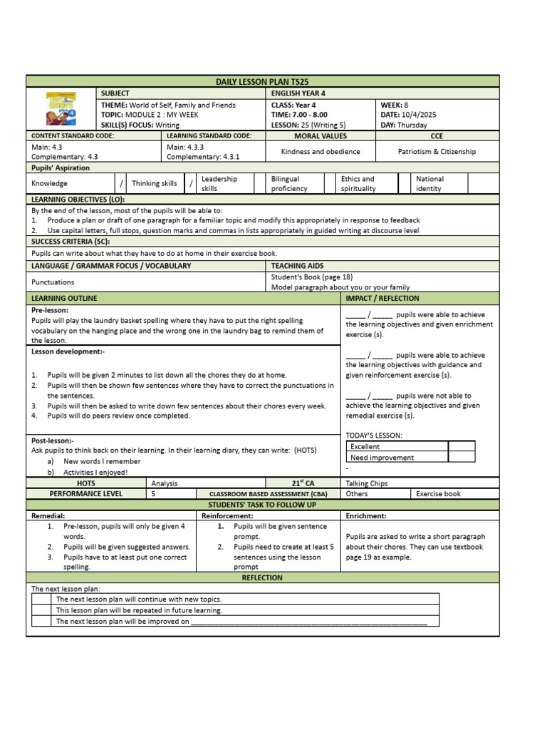 Daily Lesson Plan TS25 (Week 8 All) | PDF | Lesson Plan | Learning