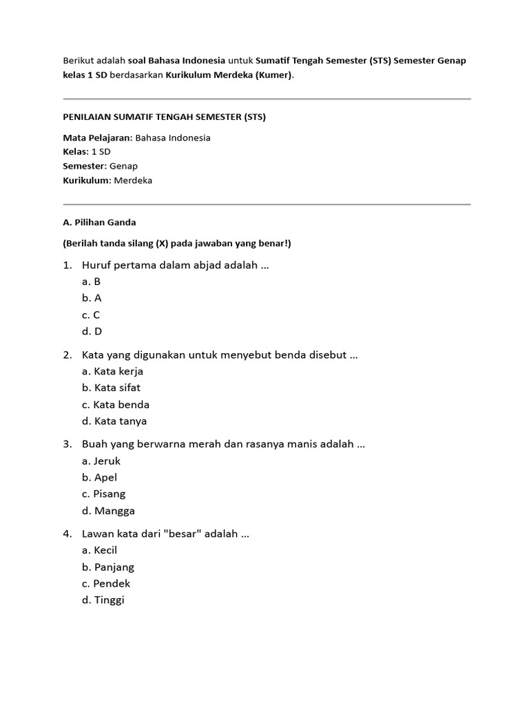 Soal Bahasa Indonesia Sts Semester Genap Kelas 1 Kumer | PDF