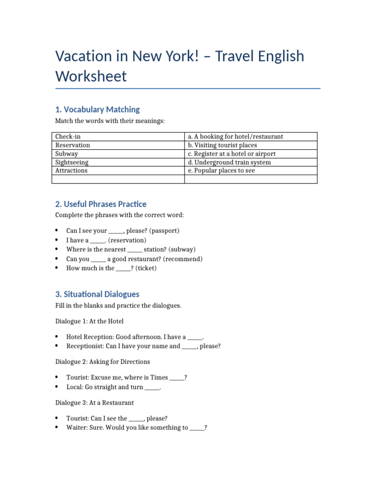 Vacation in New York Worksheet | PDF