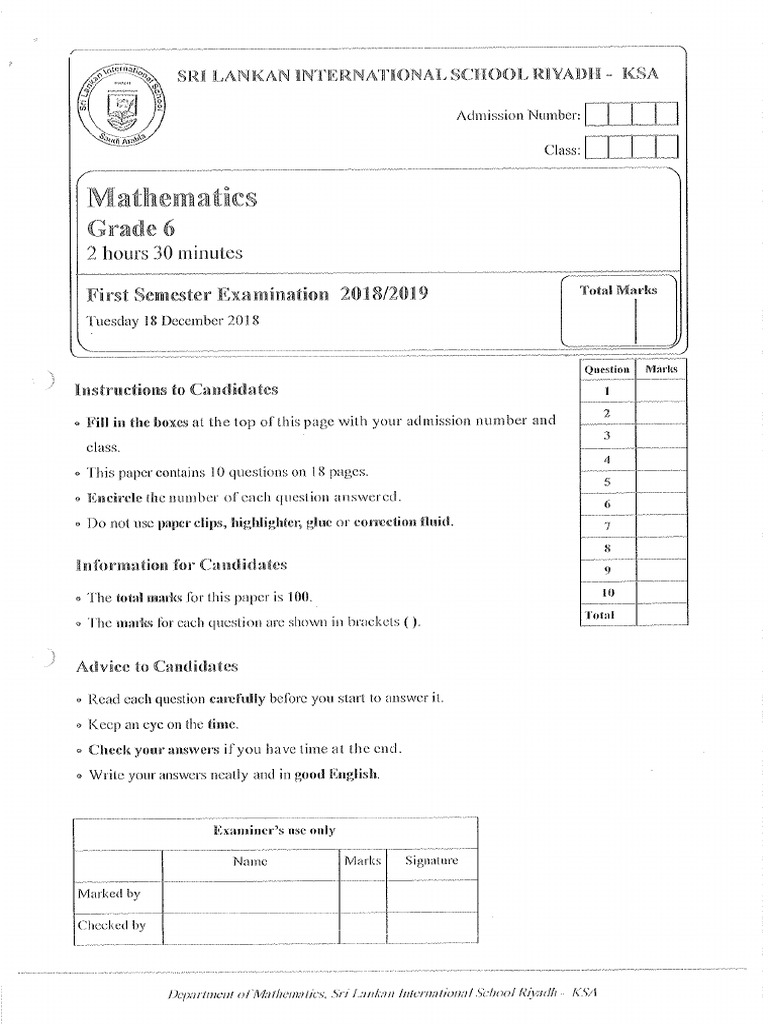 6 Maths SEM 1 2018 - 19 | PDF