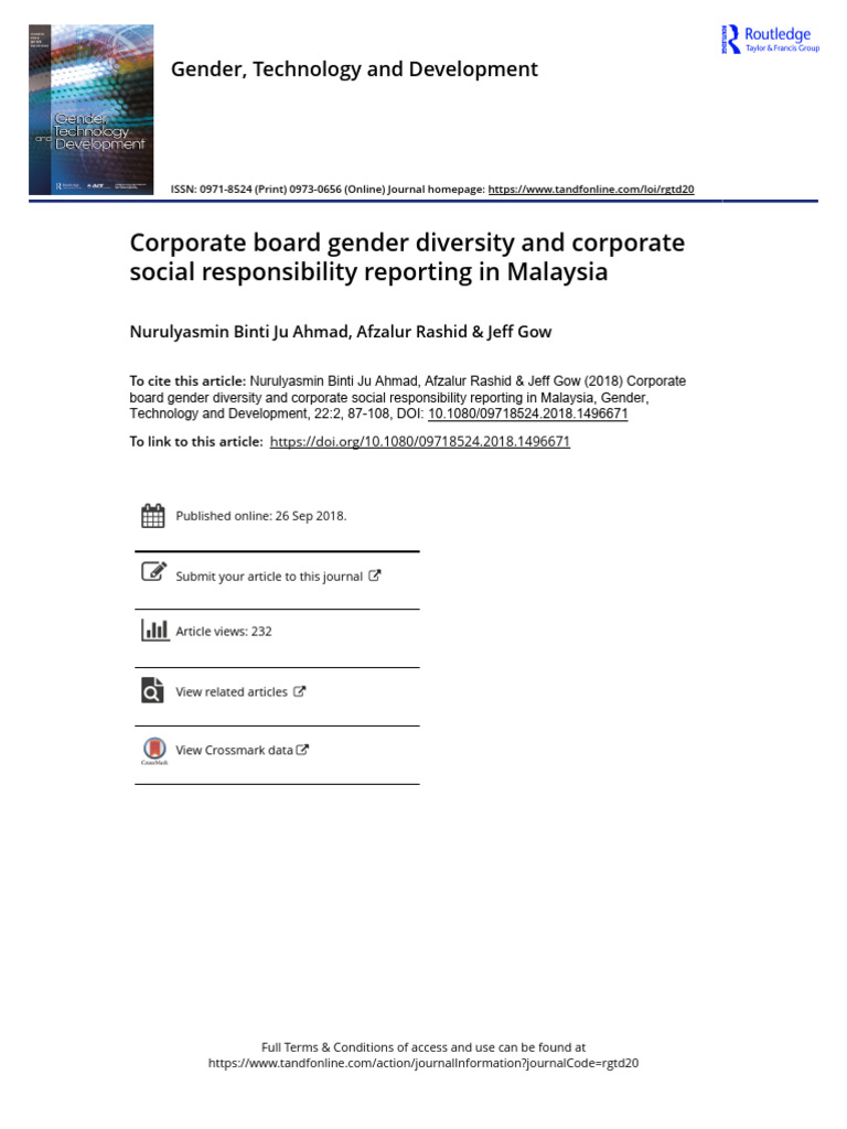 Corporate Board Gender Diversity and Corporate Social Responsibility Reporting in Malaysia | PDF ...