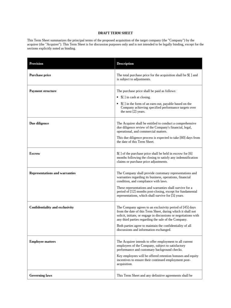 Draft Term Sheet Template | PDF | Due Diligence | Prices