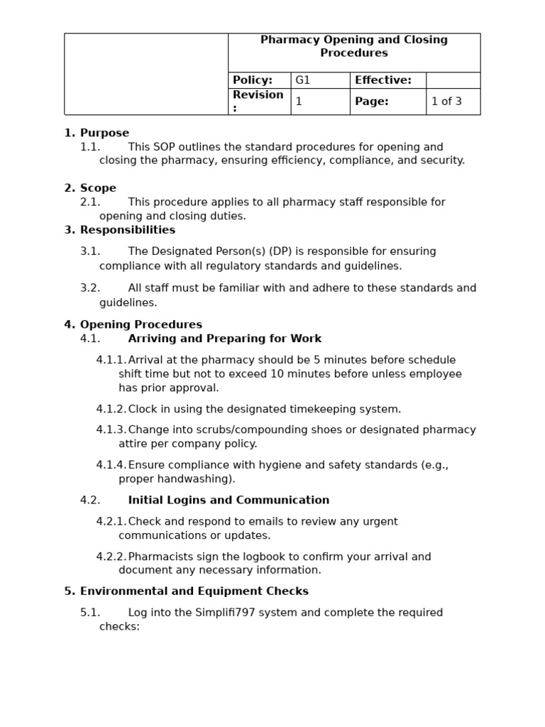 Pharmacy Opening and Closing SOP | PDF | Pharmacy | Medical Prescription