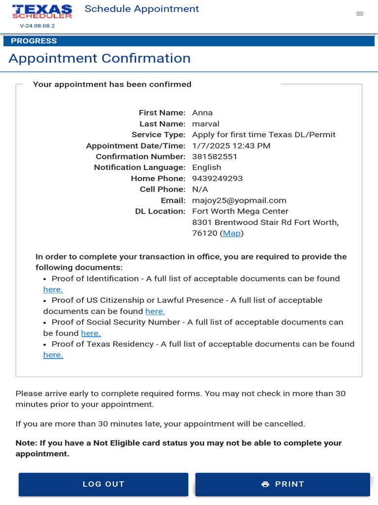 Texas DL Appointment Confirmation | PDF