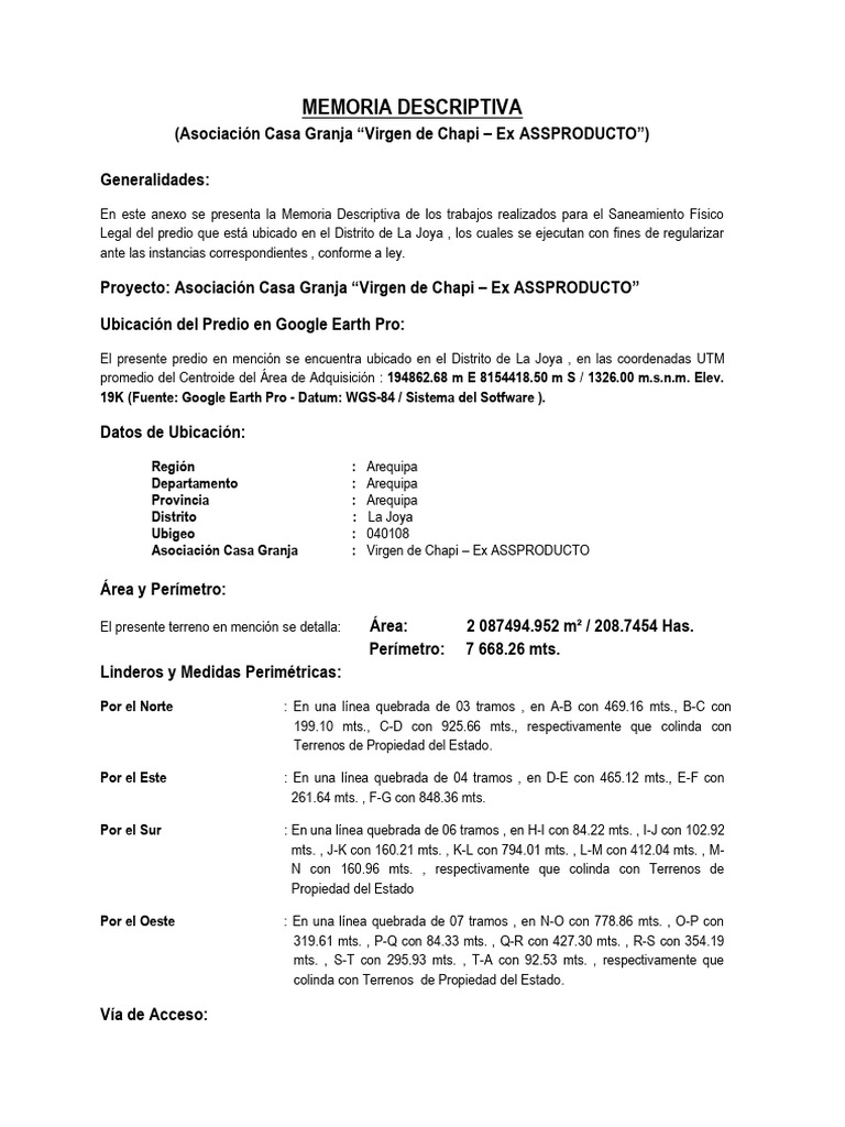 MD - Memoria Descriptiva - Asoc - Virgen de Chapi | PDF | Ciencias de la Tierra | Geodesia