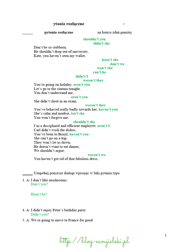 Question Tags Reply Questions - Klucz Odpowiedzi 1 | PDF