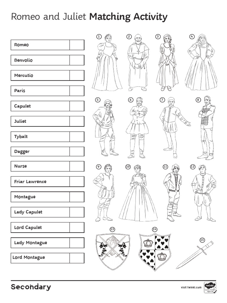 Romeo and Juliet Word and Picture Matching Activity - Black and White | PDF