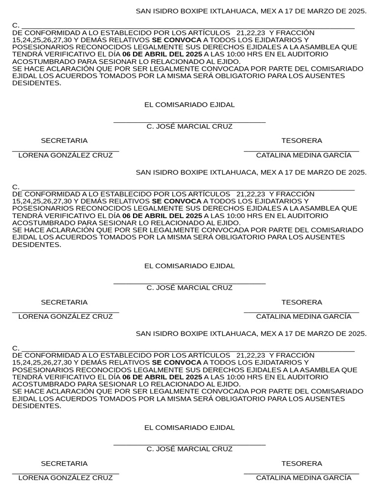 Convocatoria Asamblea Ejidal 2025 | PDF | México | América del Norte