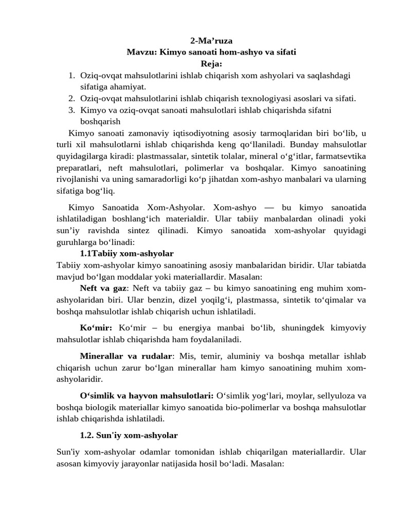 2-Ma'ruza Mavzu: Kimyo Sanoati Hom-Ashyo Va Sifati Reja | PDF