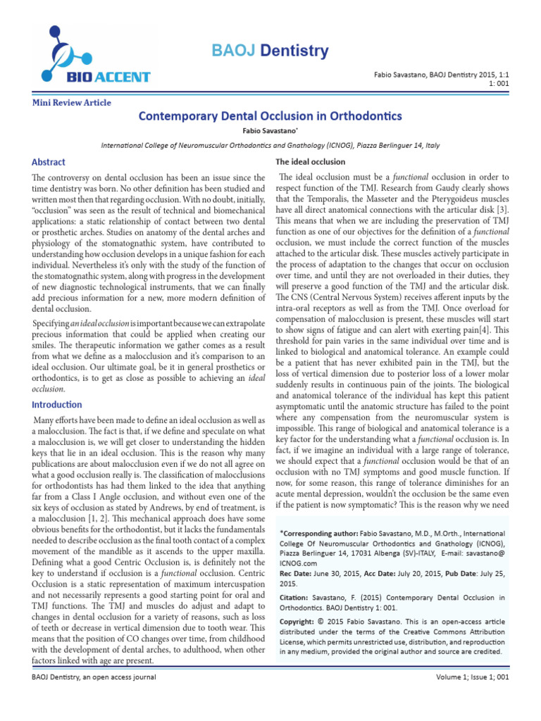 Contemporary Dental Occlusion in Orthodo | PDF | Orthodontics | Dental ...