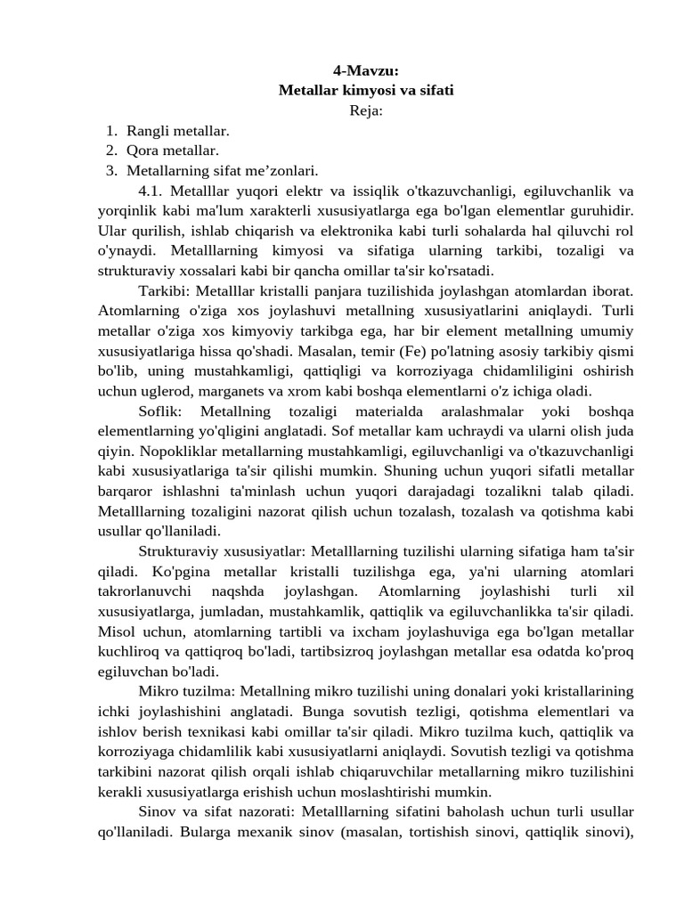 4-Mavzu: Metallar Kimyosi Va Sifati | PDF