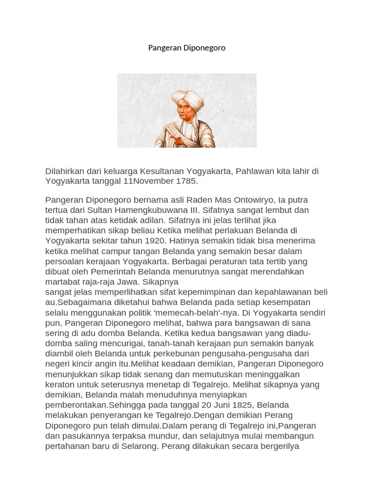 Pangeran Diponegoro: Pahlawan Perjuangan Indonesia | PDF