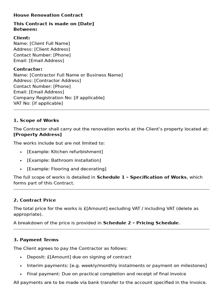 House Renovation Contract Template | PDF | Mediation | Legal Liability