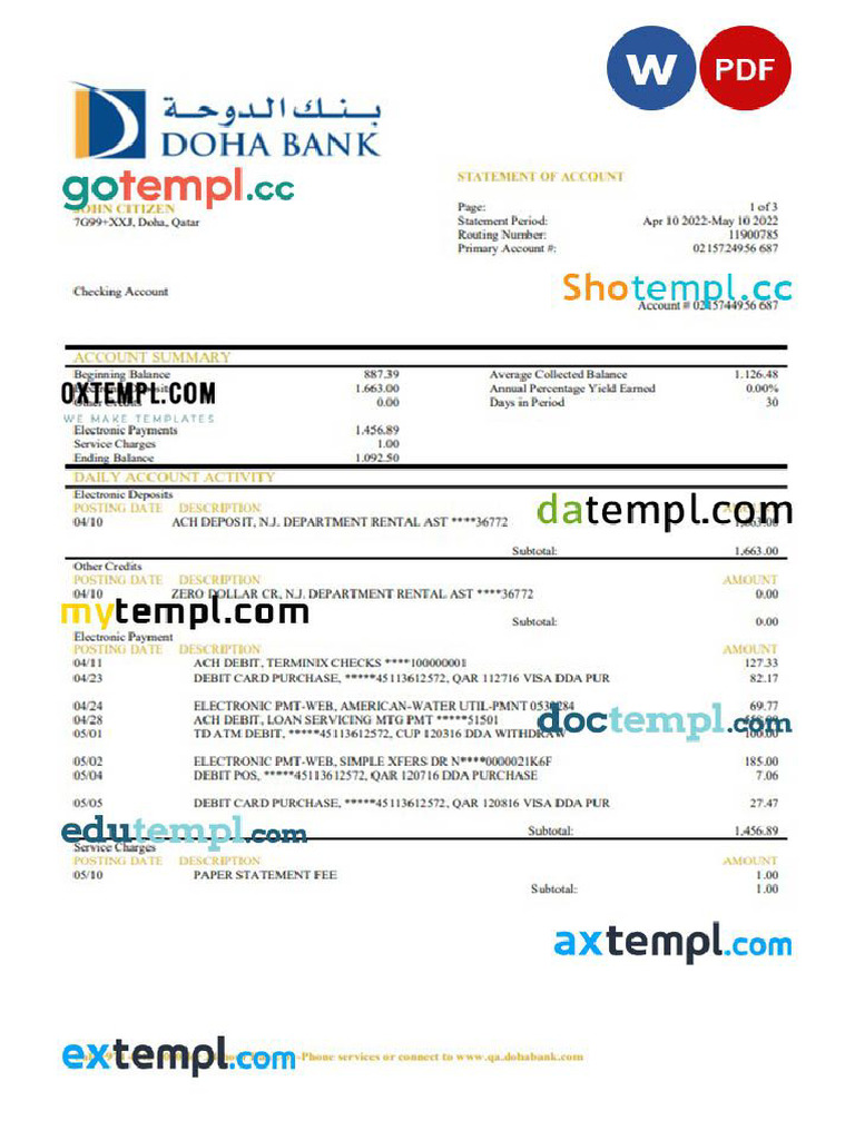 Doctempl - Qatar Doha banking statement template in Word and PDF format | PDF