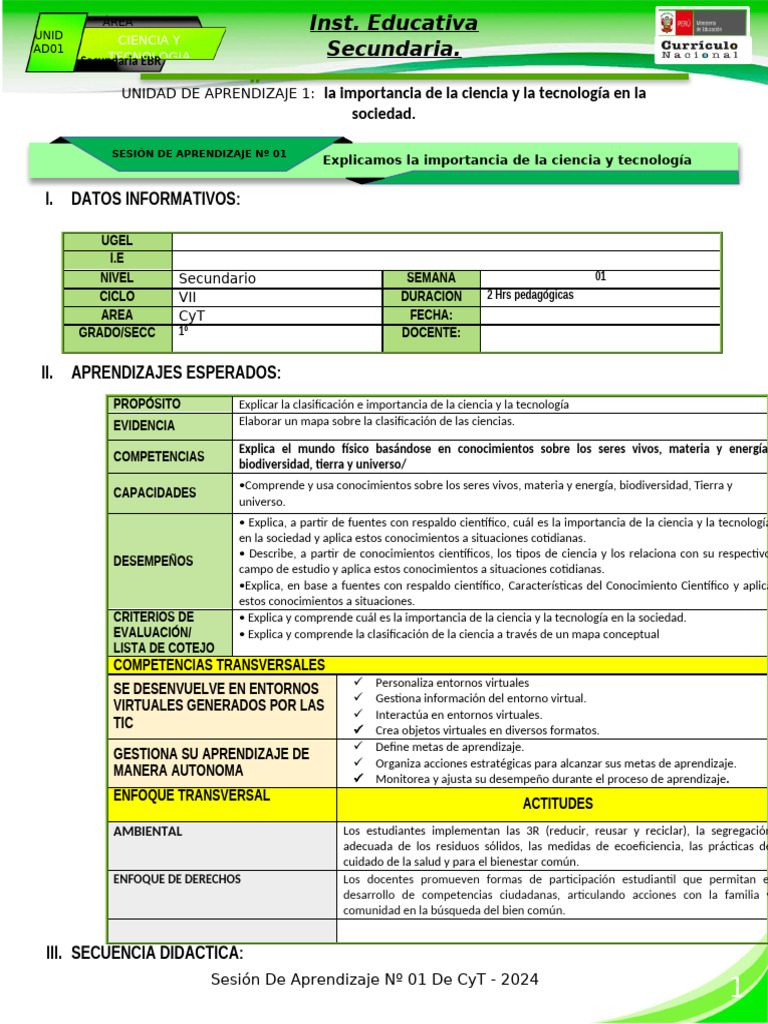 A-1º Ses-Act 1 Cyt Und 1 | PDF | Maestros | Aprendizaje