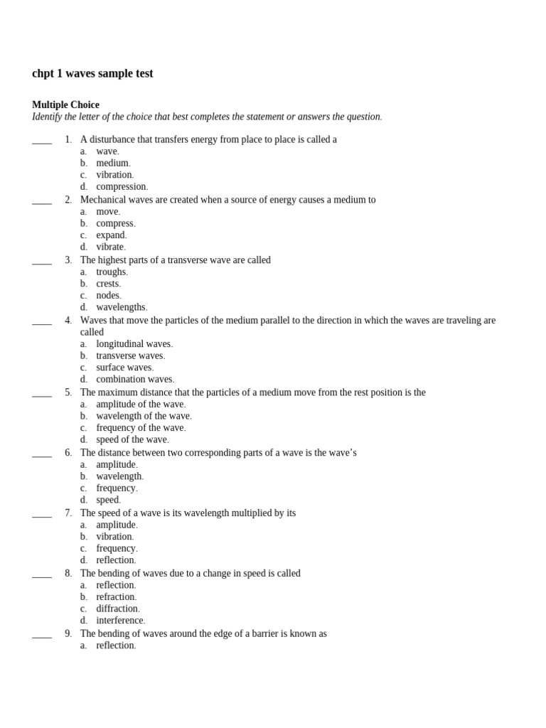CHPT 1 Waves Sample Test | PDF | Waves | Seismology