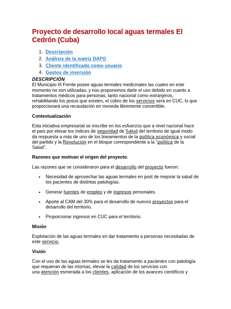Proyecto de Desarrollo Local Aguas Termales El Cedrón | PDF | Turismo | Cuba