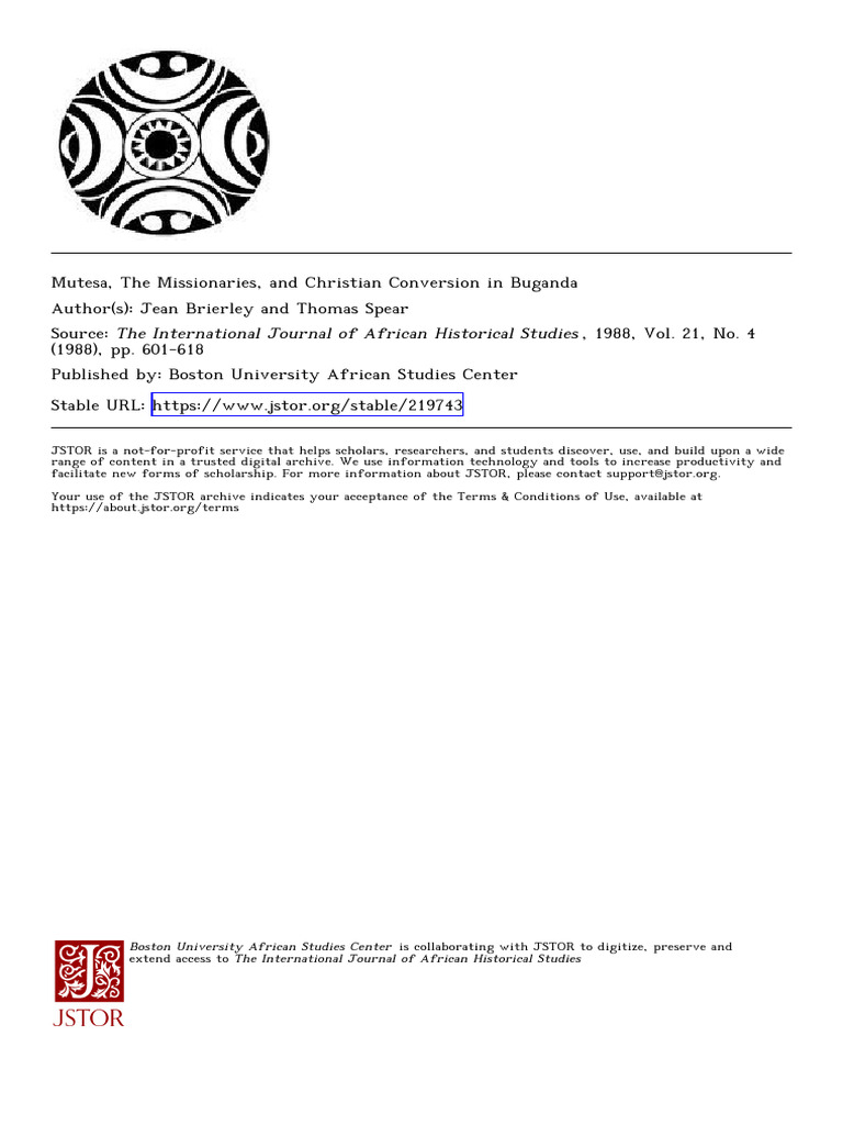 Brierly J and Spear TH Mutesa | PDF | Religious Conversion | Catholic ...