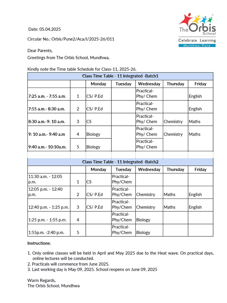 Circular No. 011 - Online class for Class 11- Time Table, 2025-26 | PDF