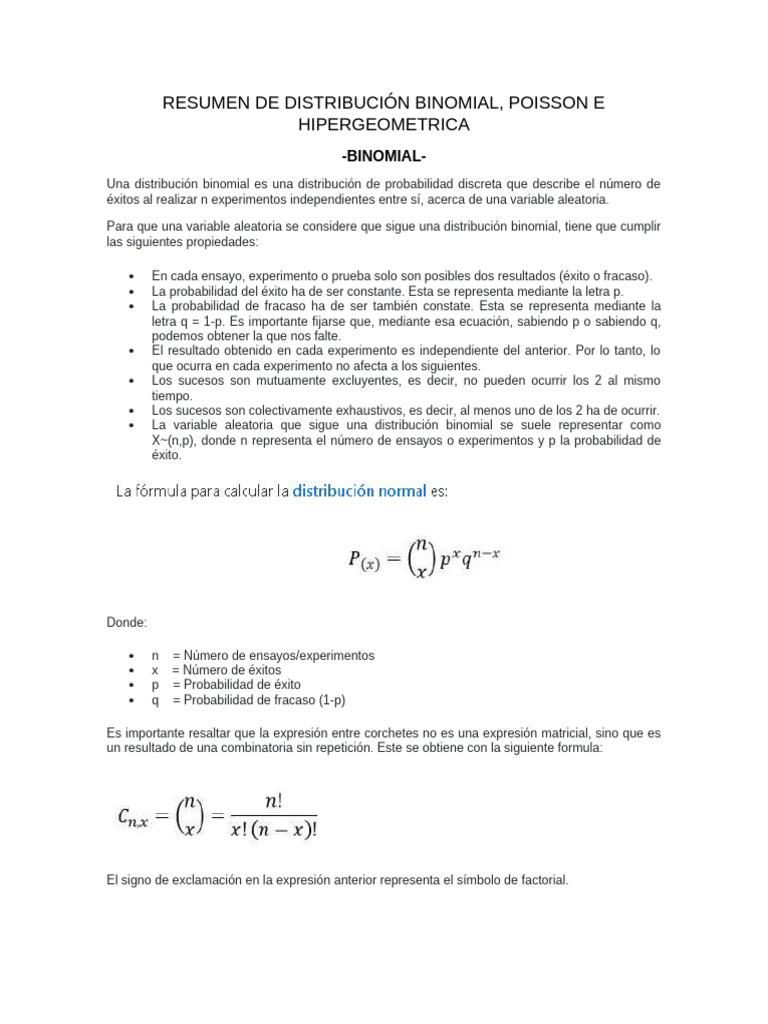 Resumen de Distribución Binomial | PDF | Distribución de veneno | Enseñanza de matemática