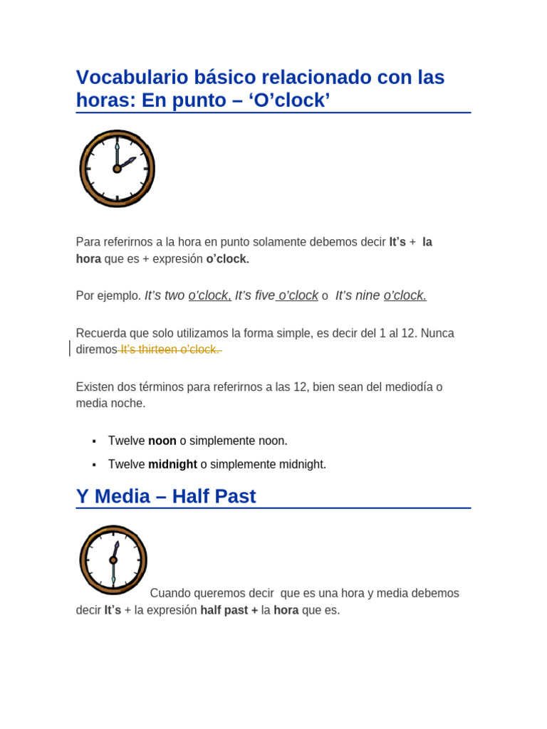 Vocabulario Básico Relacionado Con Las Horas | PDF