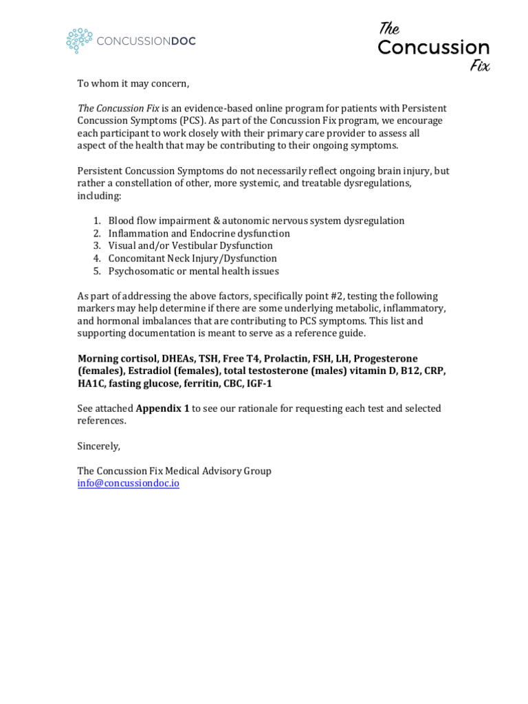 Lab Testing Letter PCS 1 | PDF | Concussion | Polycystic Ovary Syndrome
